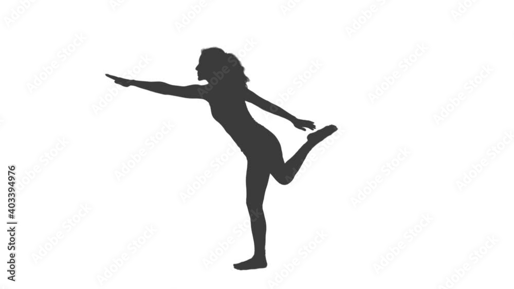Black and white silhouette of slim woman standing on one leg while ...