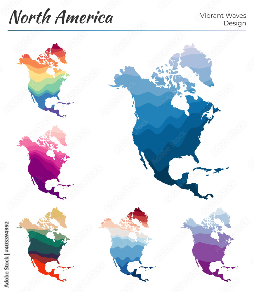 Set of vector maps of North America. Vibrant waves design. Bright map ...