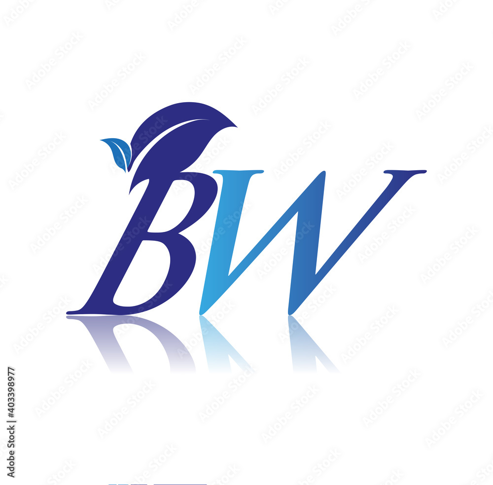 Initial Letter BW With Leaf Logo, colored blue nature and environment ...