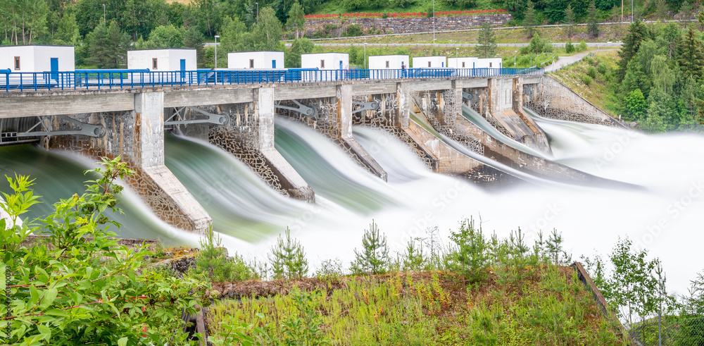 Hydro power plant with waterfall Stock Photo | Adobe Stock