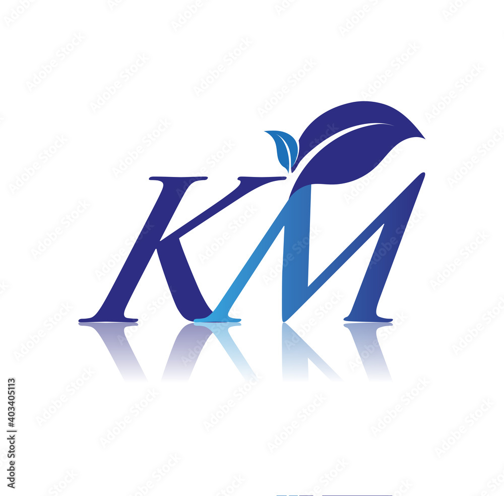 Initial Letter KM With Leaf Logo, colored blue nature and environment ...