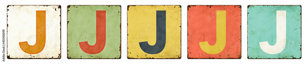 Five vintage tin signs on a white background - Letter J Stock Photo ...