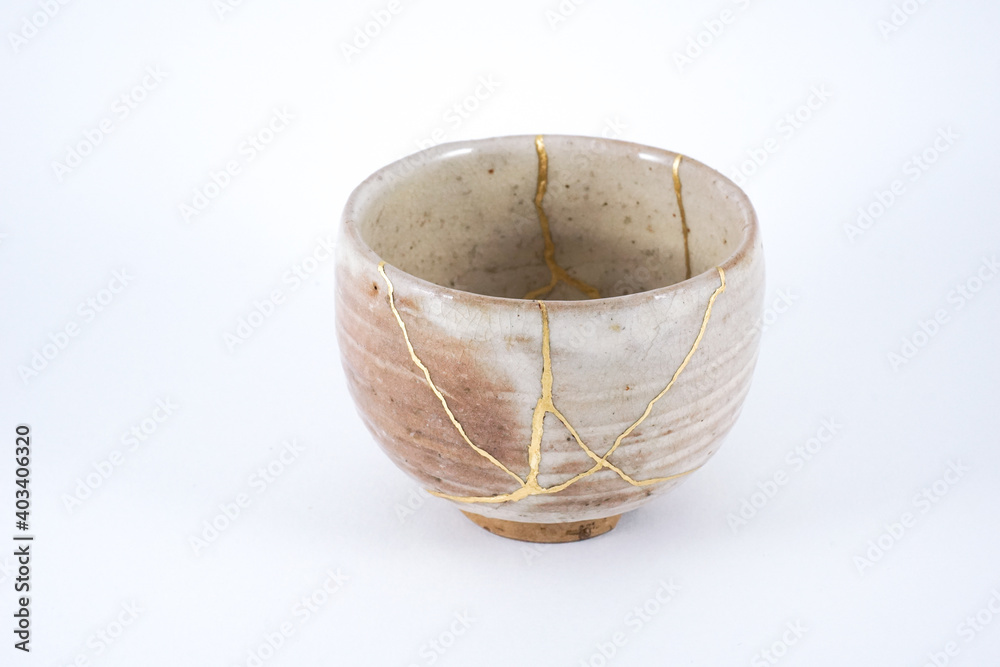 Antique Japanese Kintsugi, Beige and pink sake bowl , kintsugi the ...