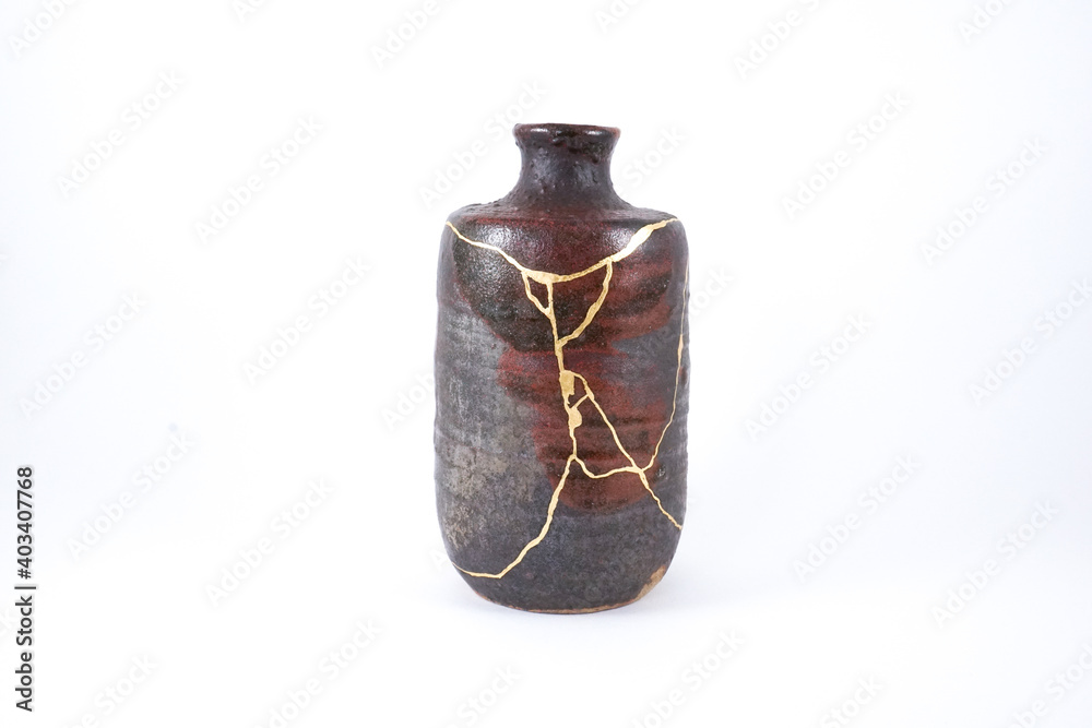 Kintsugi brown sake bottle with gold cracks, real gold wabi sabi ...