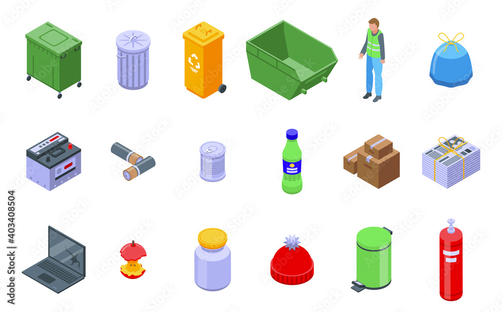 Waste icons set. Isometric set of waste vector icons for web design ...