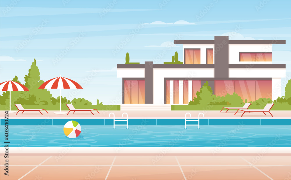Cartoon no people luxury spa poolside with umbrella, lounge and modern ...