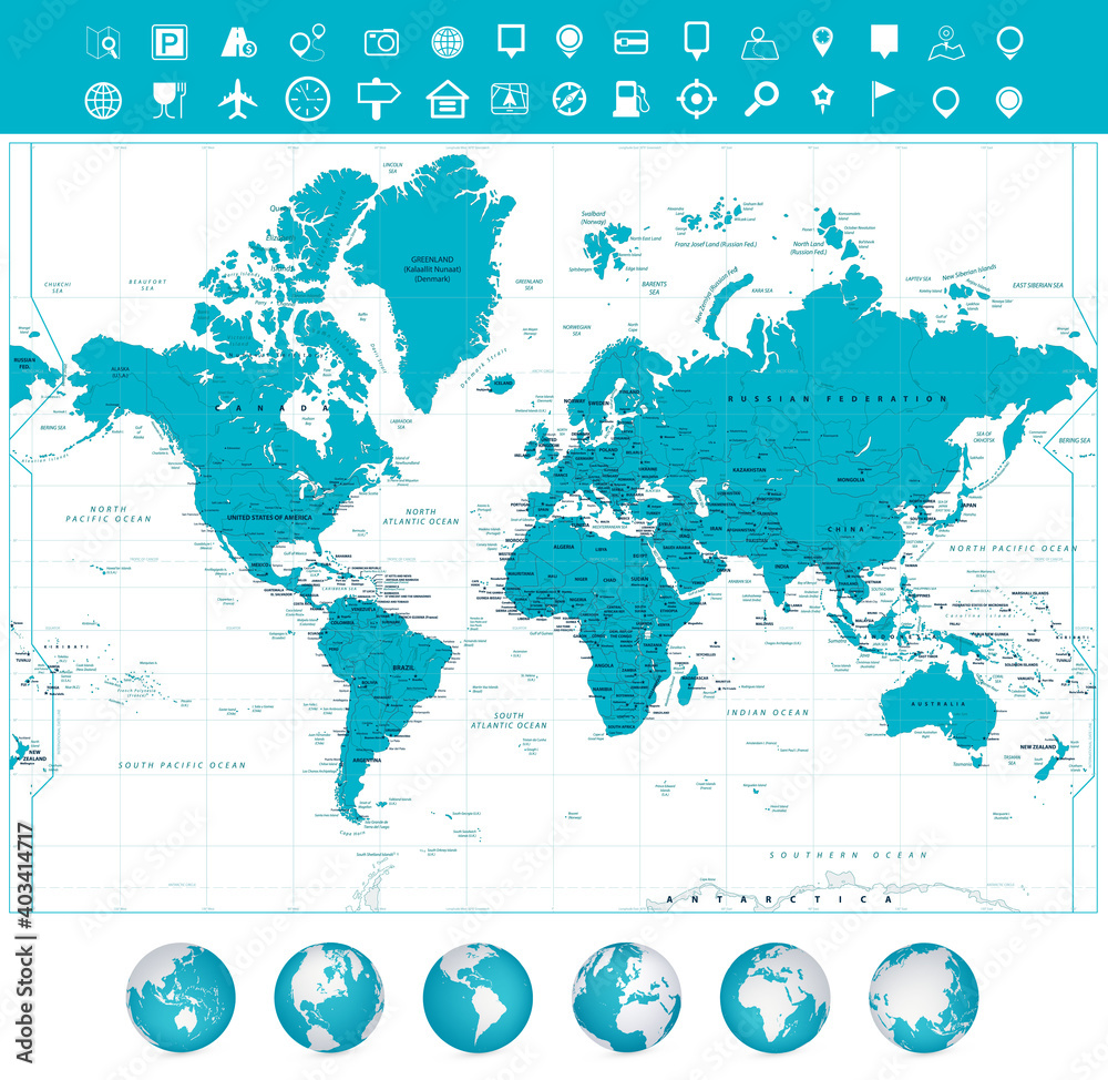 World map and globes with labeling Stock Vector | Adobe Stock