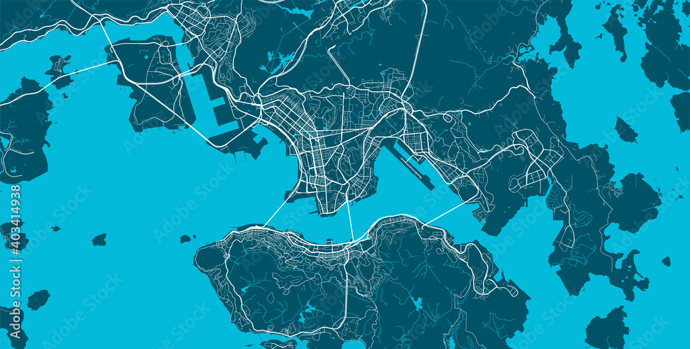 Photo & Art Print Detailed map of Hong Kong city, linear print map ...