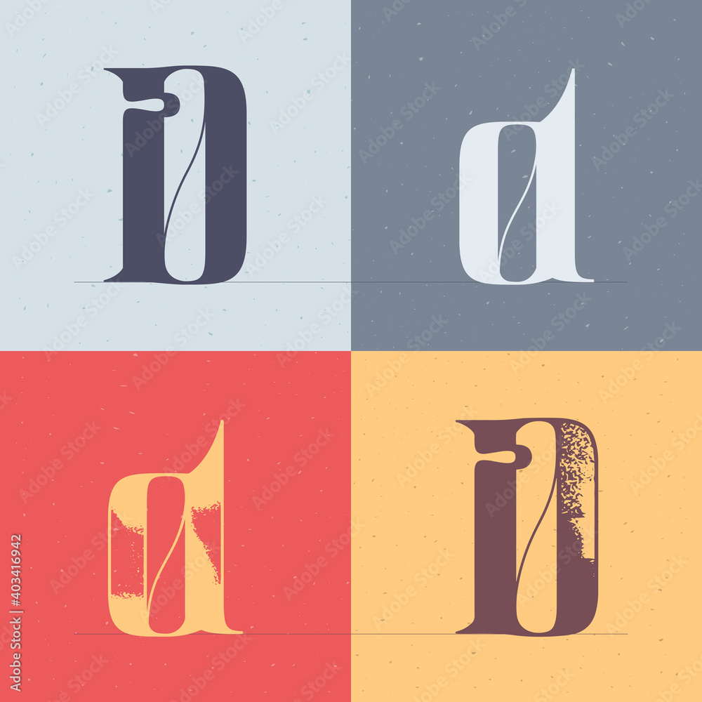 D letter logo with elegant line decoration. Four style serif font set ...