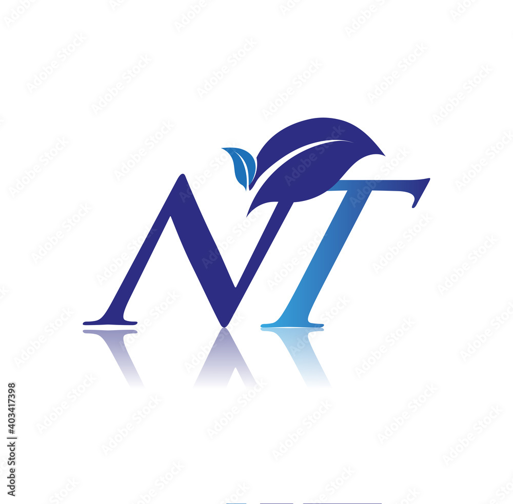 Initial Letter NT With Leaf Logo, colored blue nature and environment ...