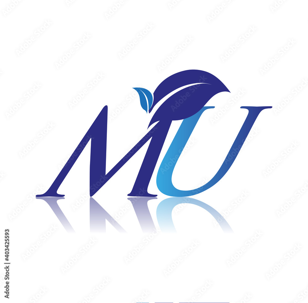 Initial Letter MU With Leaf Logo, colored blue nature and environment ...