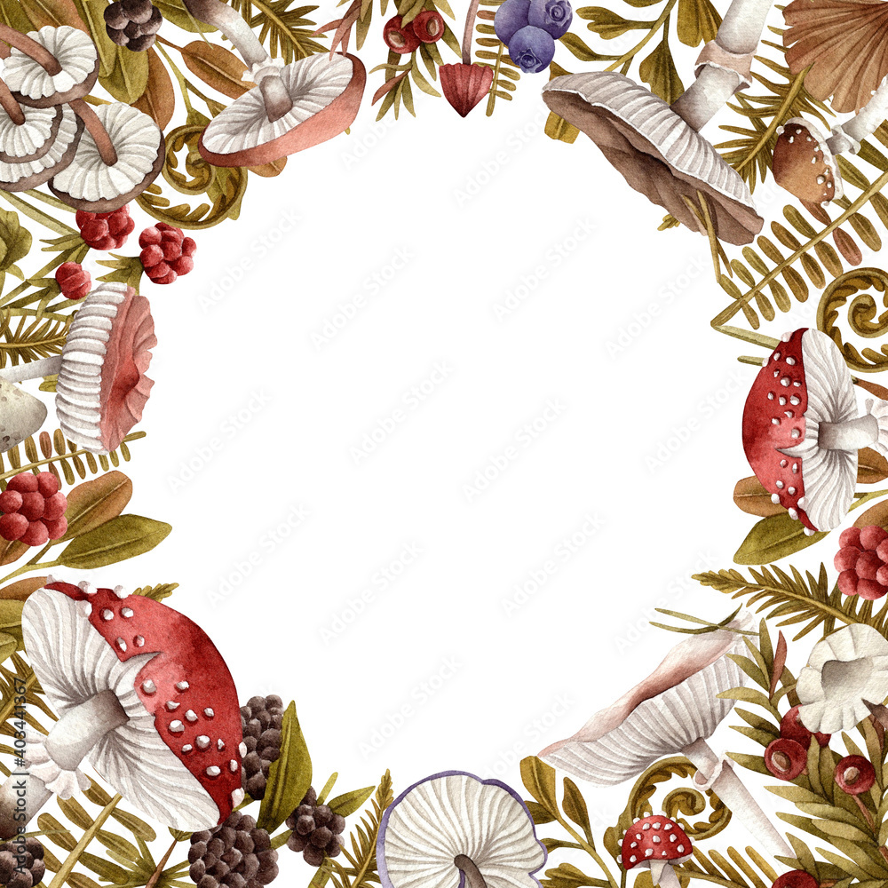 Watercolor full oval botanical frame on white background. Natural theme ...