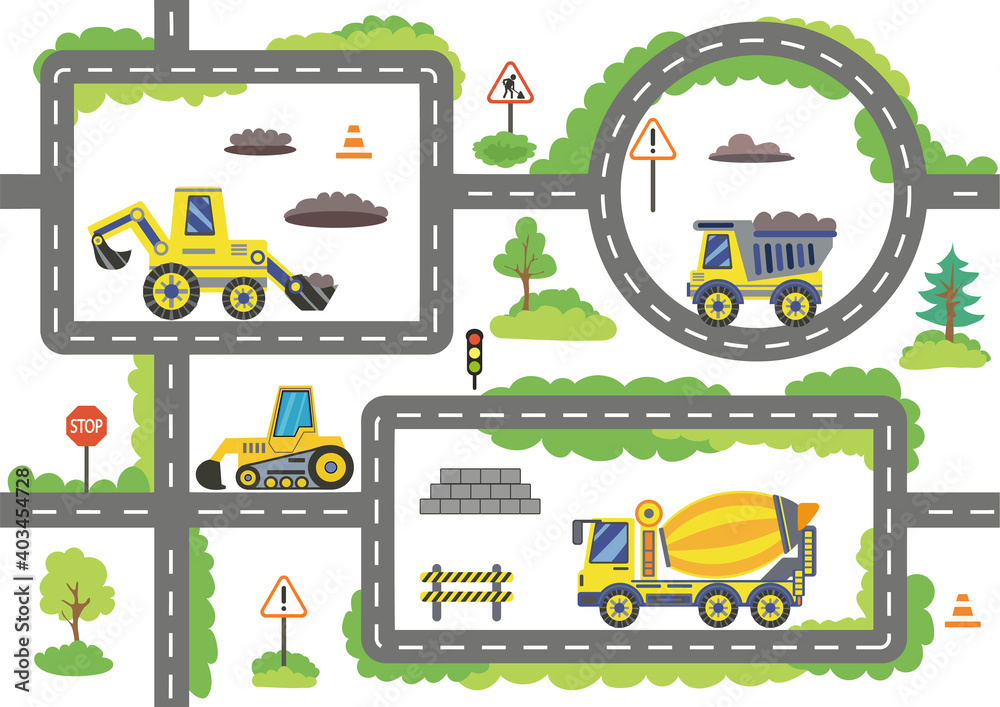 Wallpaper with construction cars. Road map with construction trucks ...
