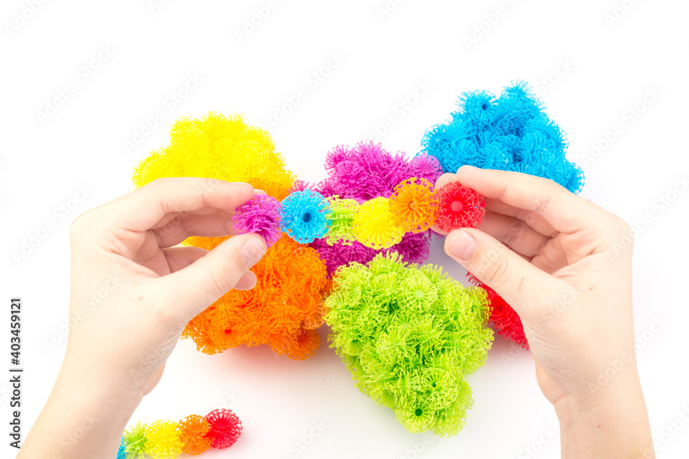 elements of children's designer of Velcro in kid hands,isolated on ...