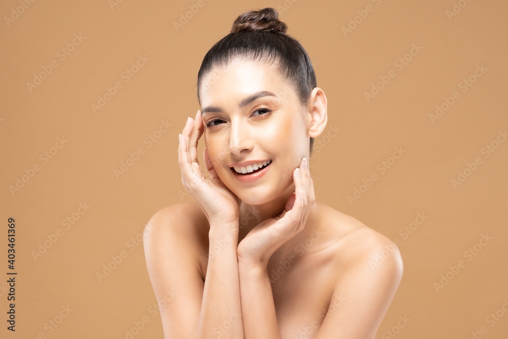 Beautiful Glamour woman touching cheek smile with clean and fresh skin ...