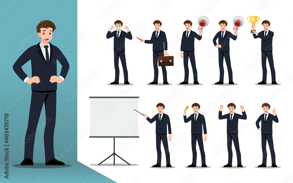 Flat design concept of Businessman with different poses, working and ...