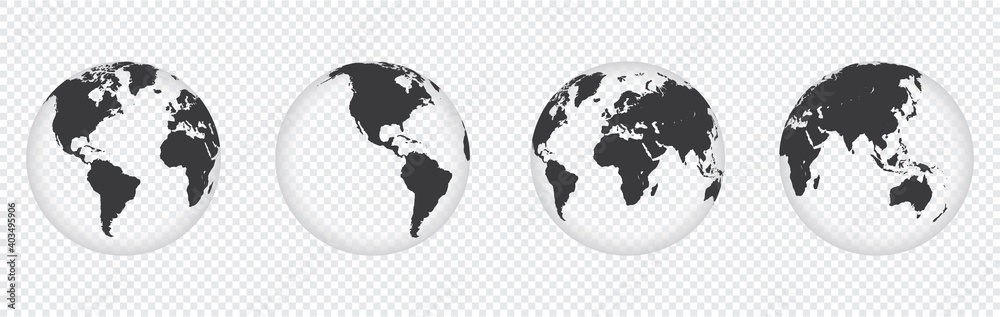 set of transparent Earth globe icon with 4 hemispheres continents ...