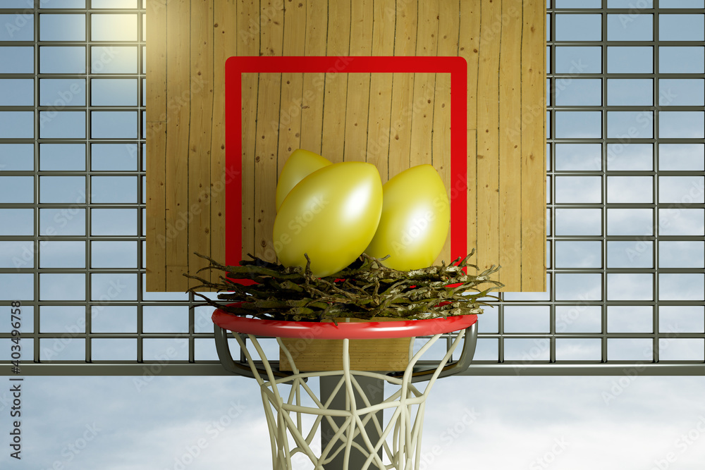 Nest with golden eggs on the top of basketball hoop on blue sky ...