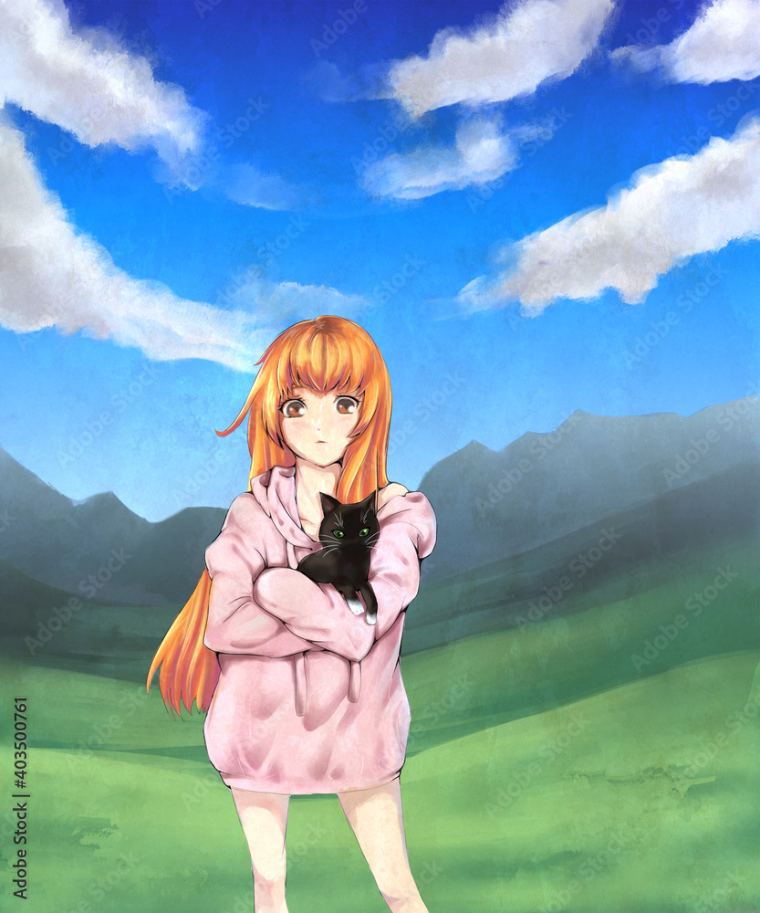Lonely lost anime girl with a cat Stock Illustration | Adobe Stock