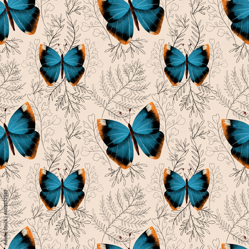 Blue butterfly and ink greenery seamless spring pattern. Textured ...