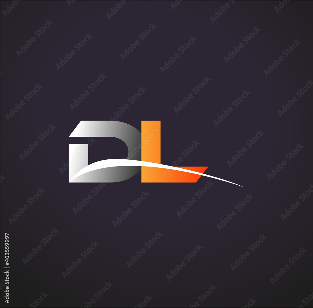 initial letter DL logotype company name colored grey and orange swoosh ...