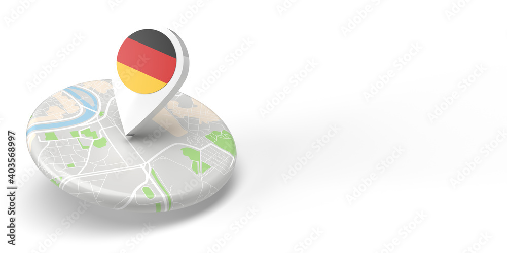 A 3D rendered country map locator pointing on a destination on a flat ...