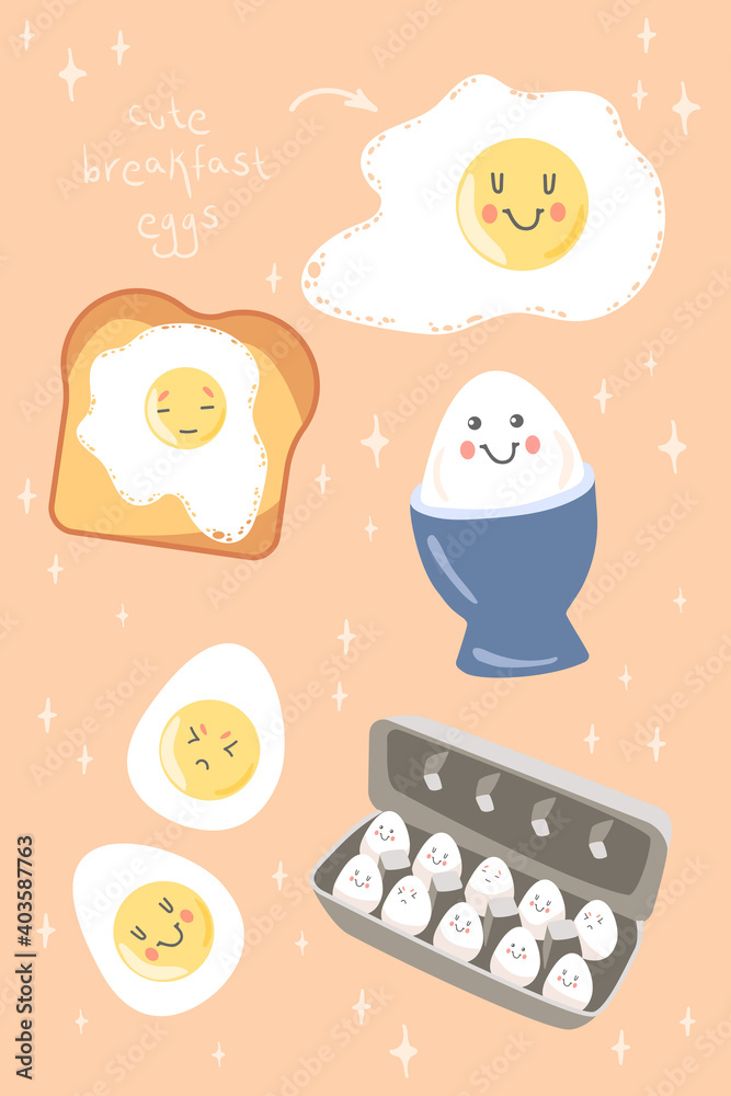 Cute breakfast egg faces vector set. Isolated on background with stars ...