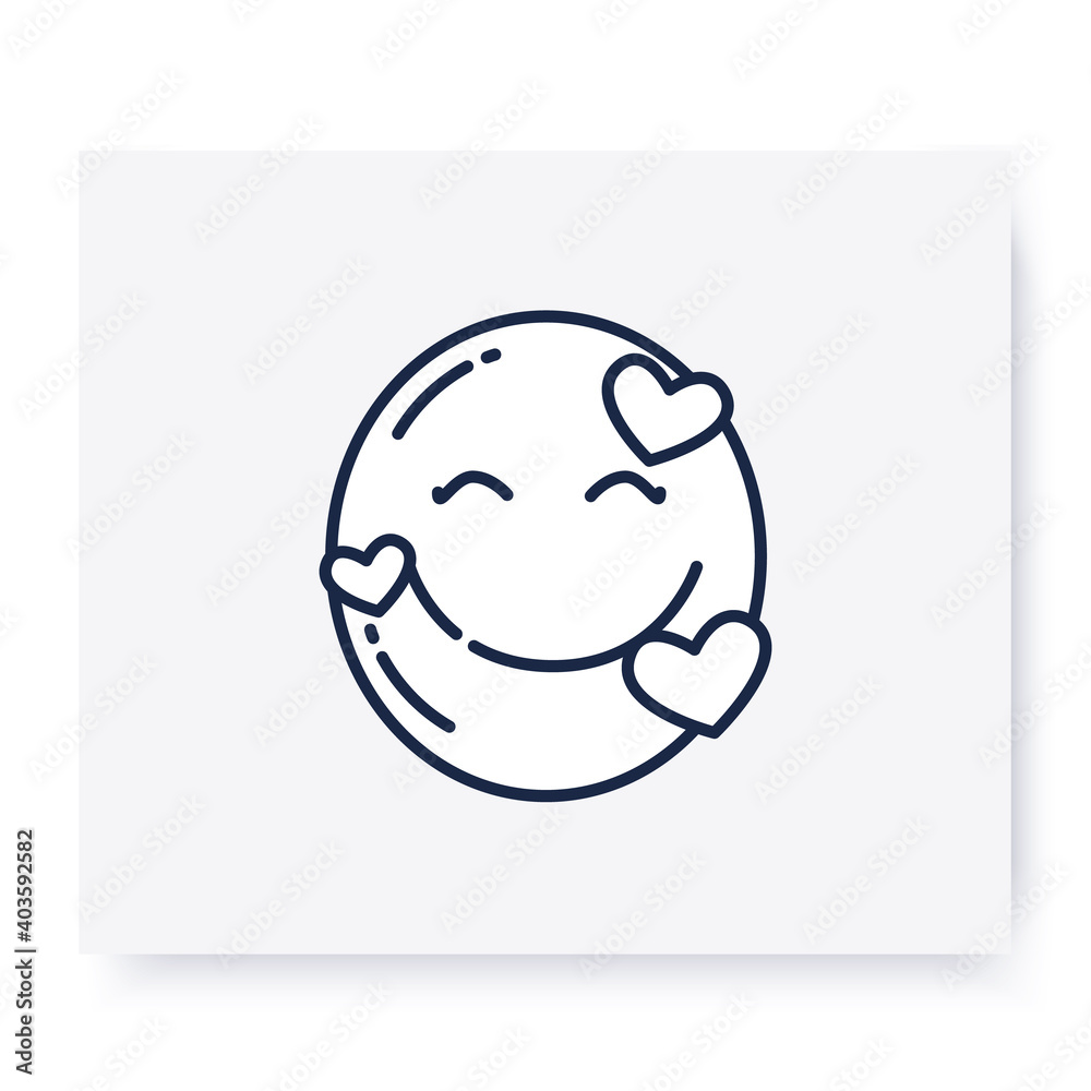 Affection face line icon. Smiling face with three hearts, romantic ...