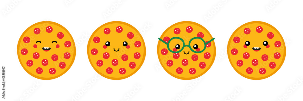 Set, collection of cute and smiling cartoon style round pepperoni pizza ...