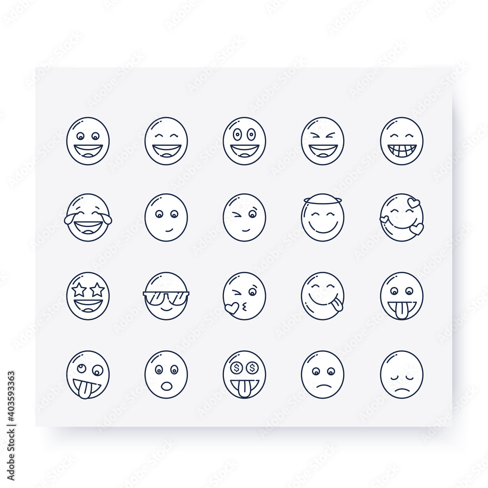 Cute emoji collection line icons set. Grinning, beaming, starry eyed ...
