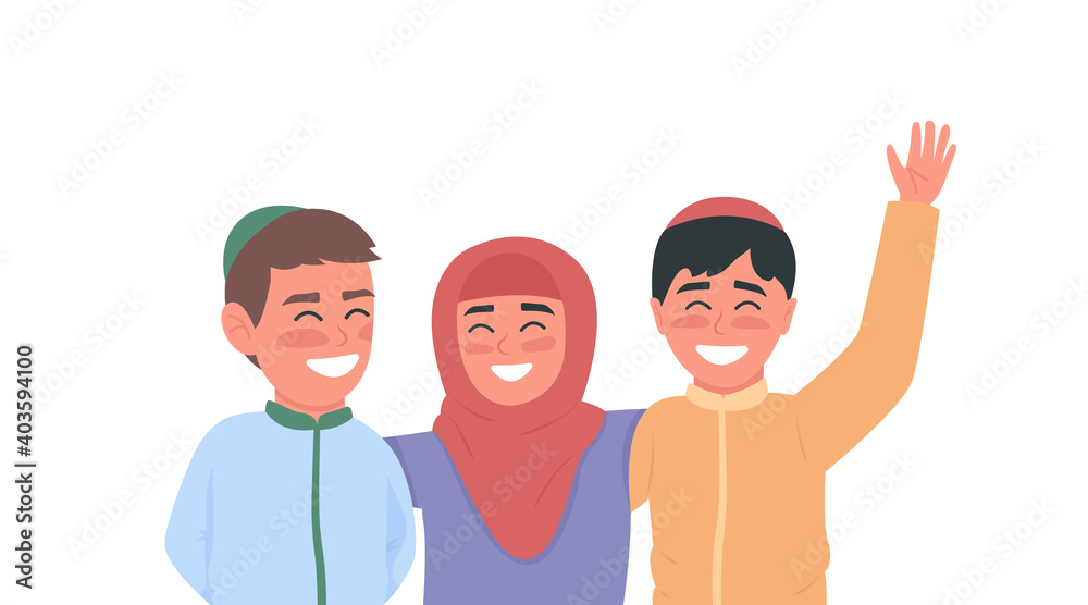Happy arabian children flat color vector faceless characters. Smiling ...