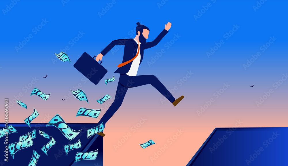 Financial risk - Businessman, mid air ,jumping over rooftop while money ...