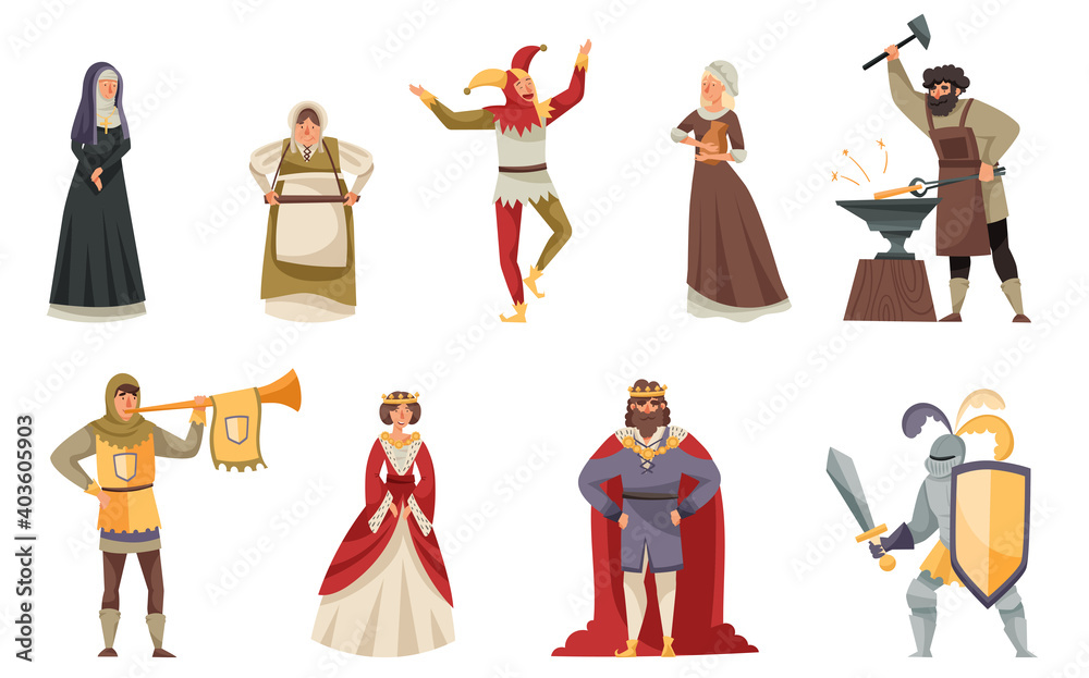 Poster Medieval People Characters with Herald, King in Mantle and ...