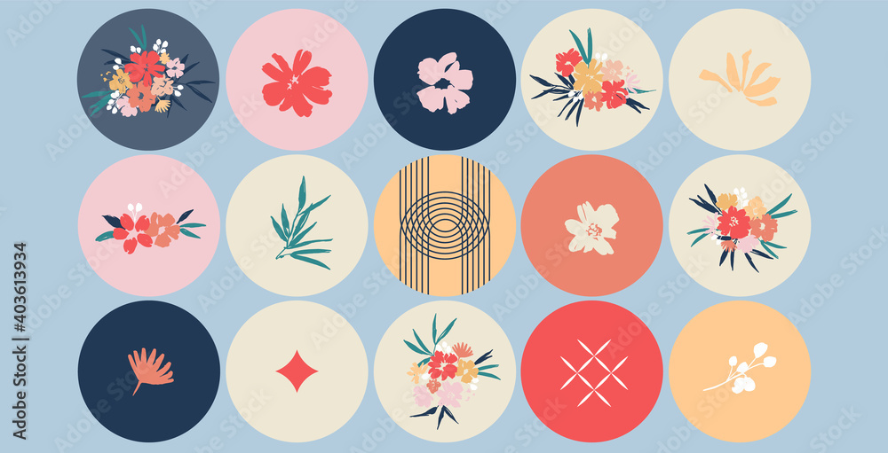 Floral icons collection for social media design. Round flower sticker ...