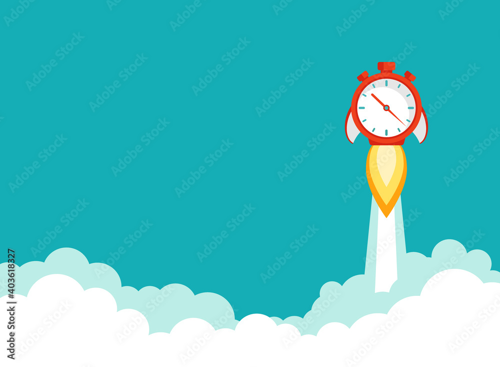 red stopwatch rocket ship with fire and sky with clouds. Fast time stop ...
