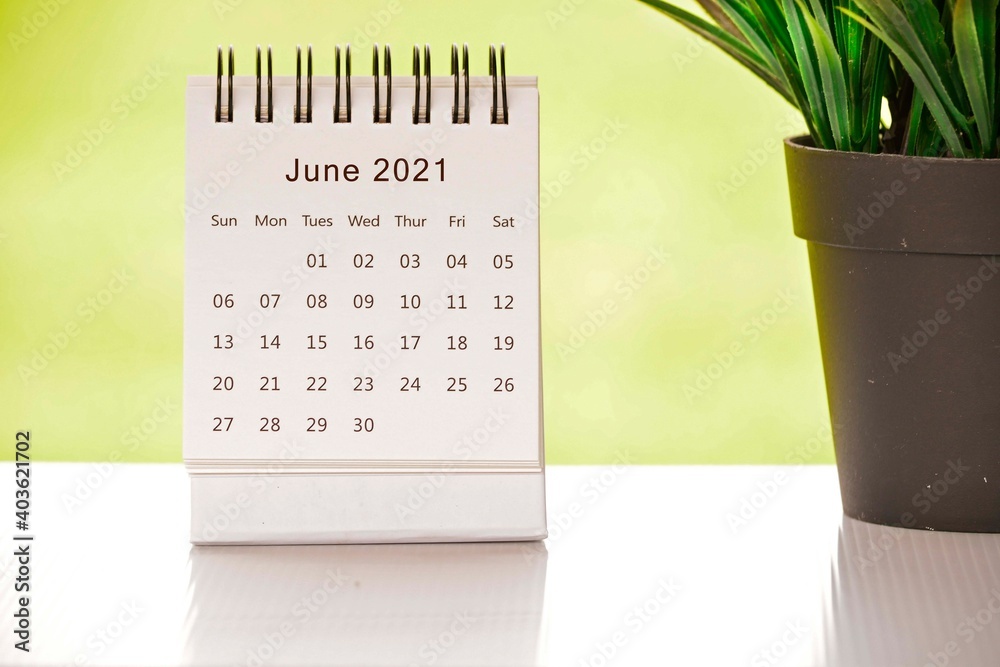 White June 2021 calendar with green backgrounds and potted plant Stock ...