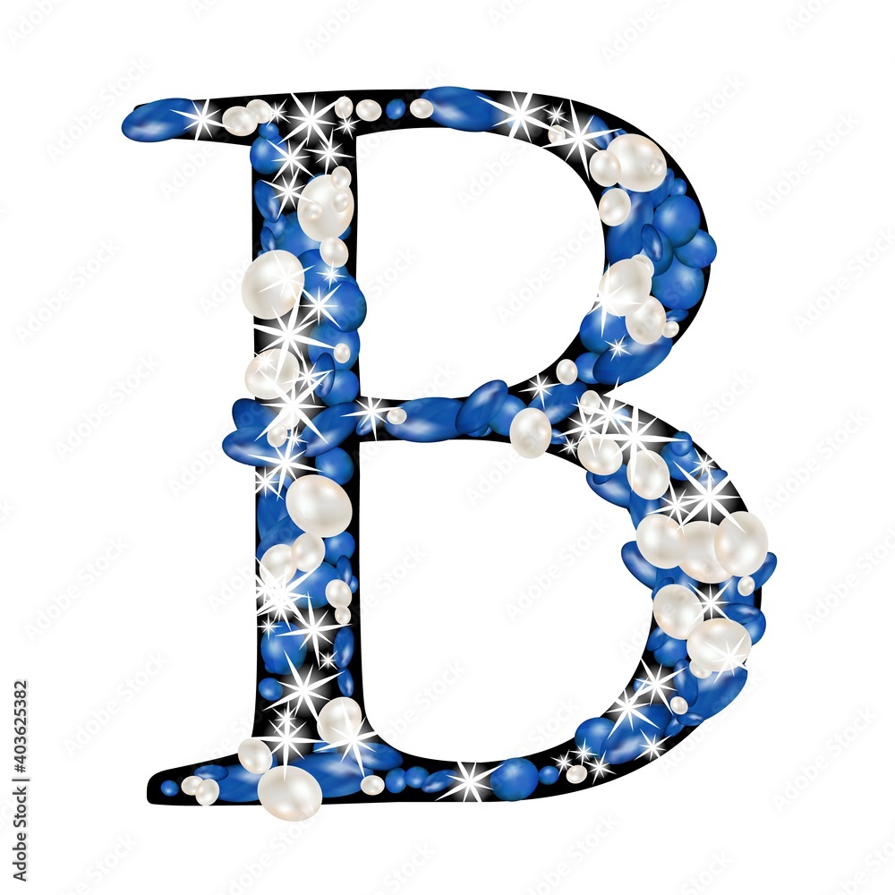 Capital letter B of the alphabet is decorated with jewelry and pearls ...