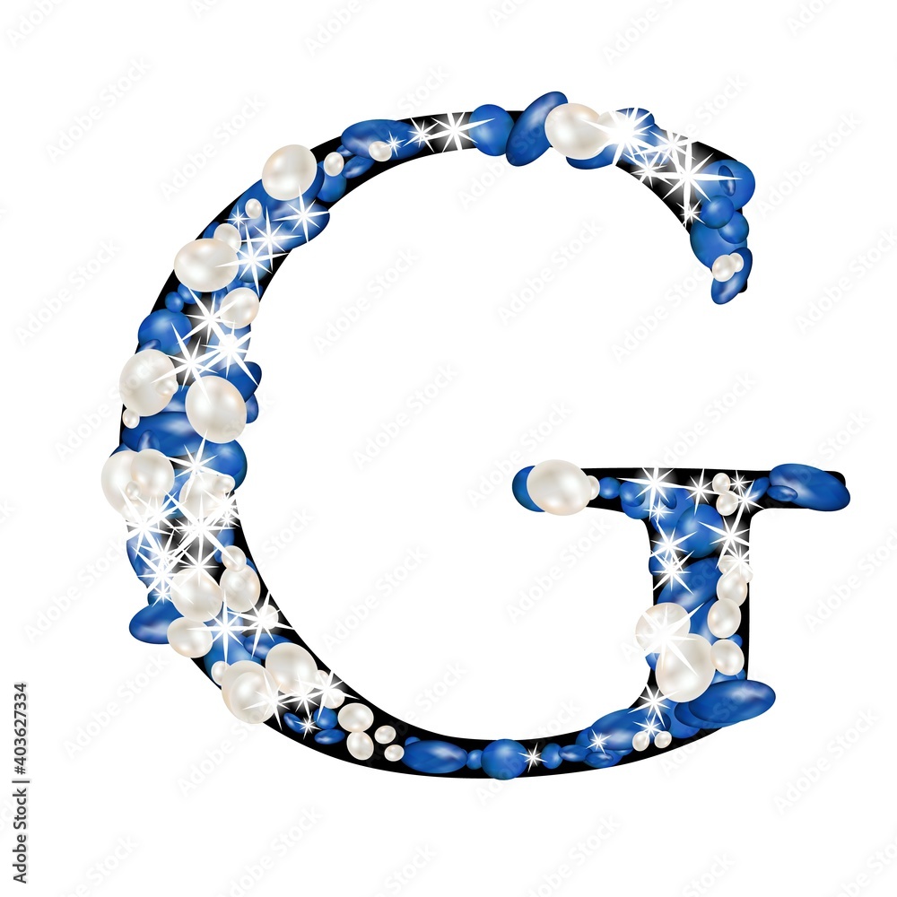 Capital letter G of the alphabet is decorated with jewelry and pearls ...