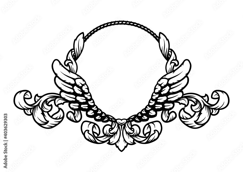 Frame with vintage pattern and angel wings. Vector illustration. Stock ...