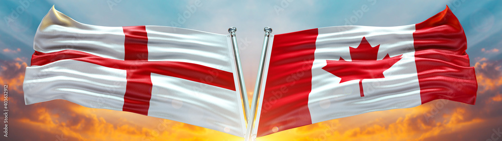 Double Flag Canada vs England flag waving flag with texture sky clouds ...
