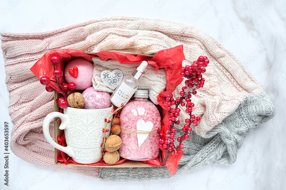 handmade gift box with cosmetics products and presents. eco friendly ...