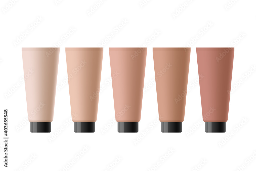 Cosmetic tubes of tonal fluids or foundations for different skin tones ...