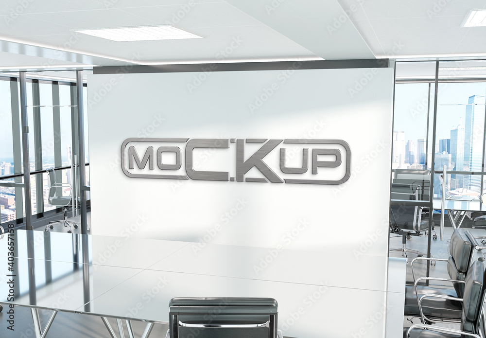 Metal 3D Logo on Office Wall Mockup Stock Template | Adobe Stock