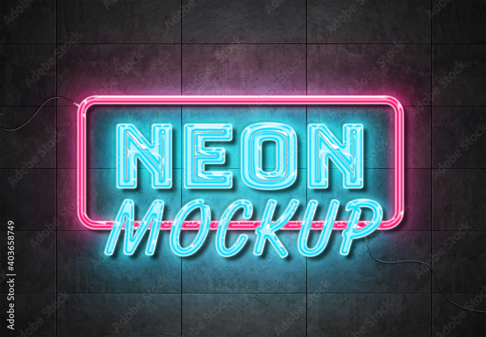 Neon Sign Text Effect on Metal Panel with Wires Mockup Stock Template ...