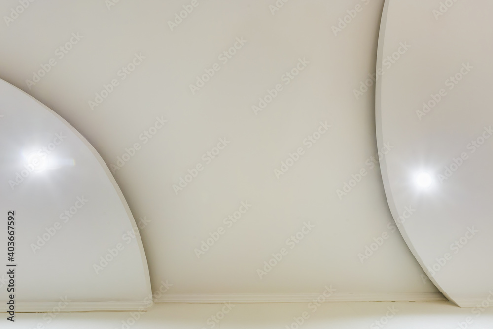 Detail of corner ceiling with intricate crown molding. Suspended ...