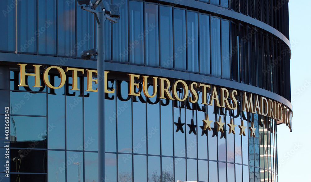 MADRID, SPAIN - DECEMBER 18, 2016: The Torre PwC, 52-floor skyscraper ...