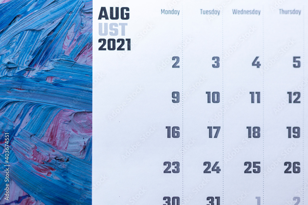 August 2021 calendar. August monthly calendar on blue background Stock ...