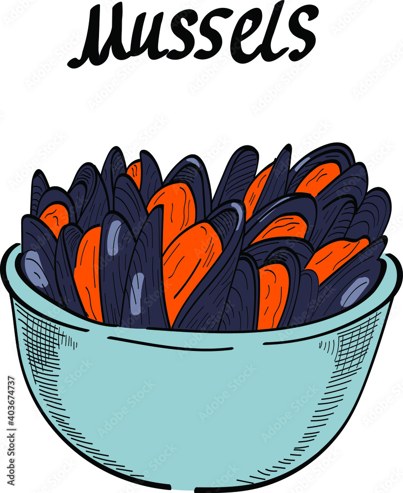 mussels food, hand drawn vector illustration and lettering isolated on ...