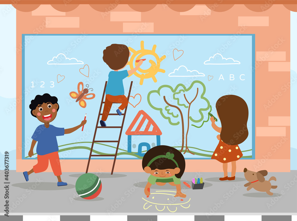 Group of diverse multiraical children doing a street mural drawing a ...