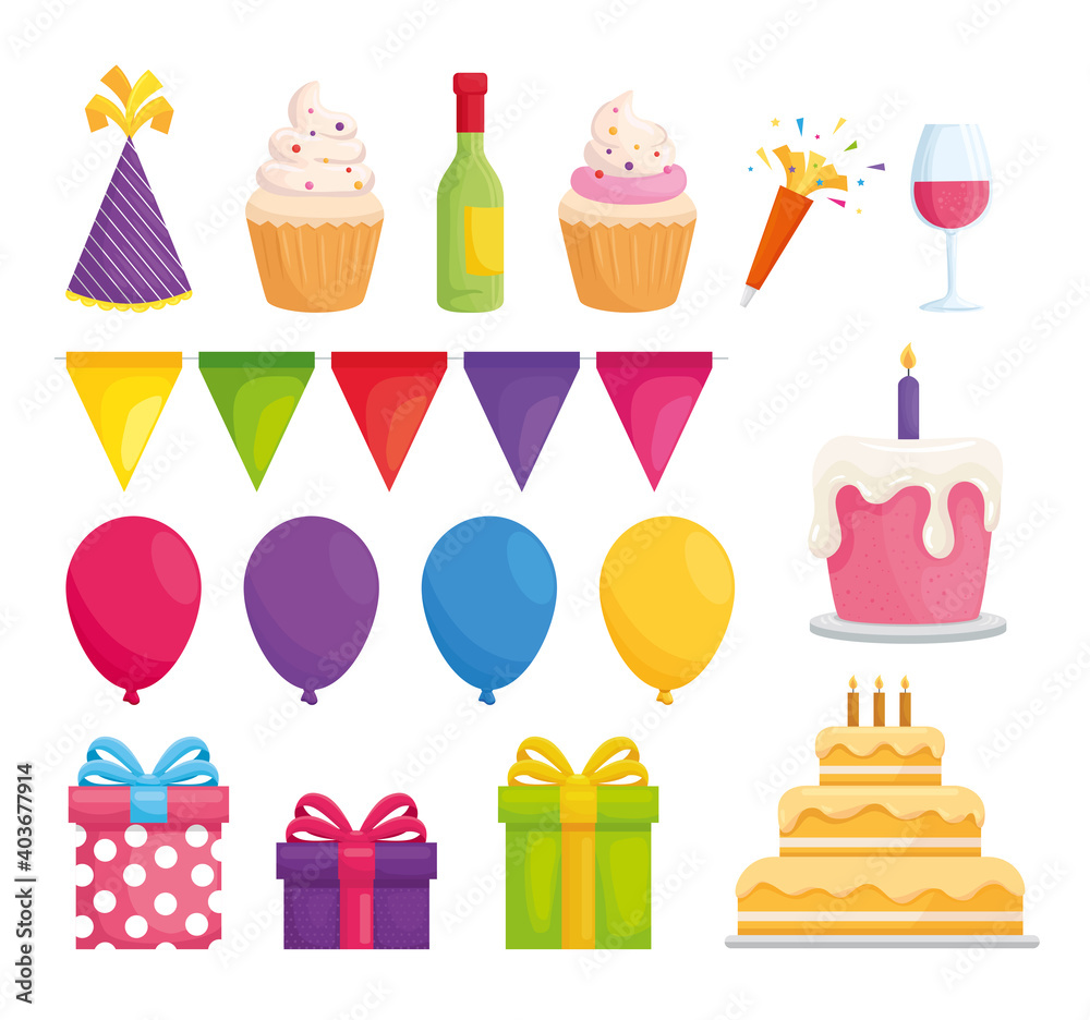 Happy birthday symbol collection design, Celebration surprise and party ...